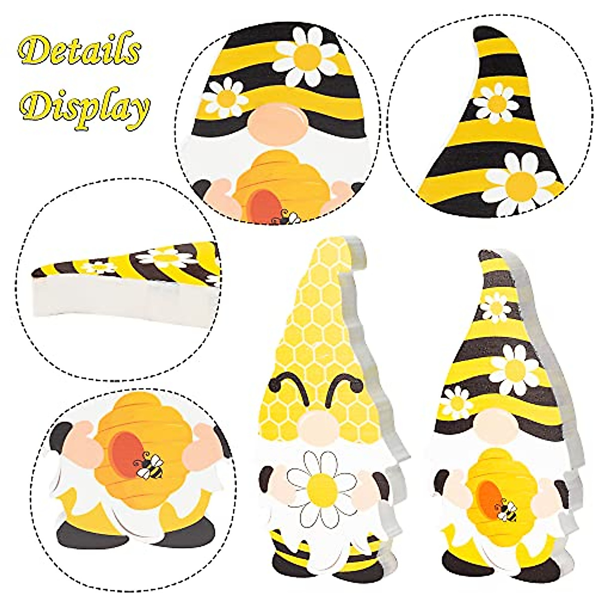 2ooya R HORSE 3Pcs Bee Sunflower Gnome Wooden Sign Honeybee Gnome Wooden Freestanding Table Decor Double Printed Gnome Tabletop Centerpiece Ornament Decoration for Summer Beach Home Office Party