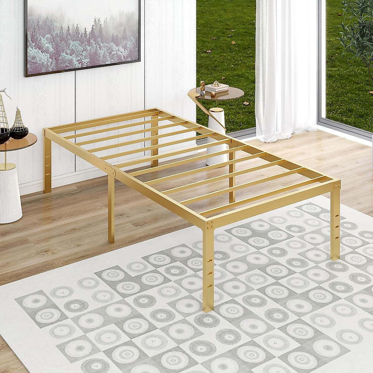 alazyhome 18 Inch Metal Twin Size Bed Frame Heavy Duty Platform Noise Free Steel Slat Support Easy Assembly Noise Free No Box Spring Required Gold