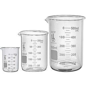 Glass Low Form Beaker Set, 3.3 Boro. Glass, Double Scale, 3 Sizes - 100, 250, and 500ml, Karter Scientific 214T6