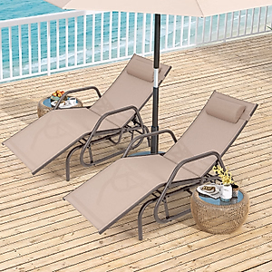 Tangkula Outdoor Glider Recliner Chair, Adjustable Backrest Patio Gliding Lounger Chair with Armrests and Pillow, Outdoor Swinging Rocking Chair w/Breathable Fabric for Poolside, Backyard (2, Brown)