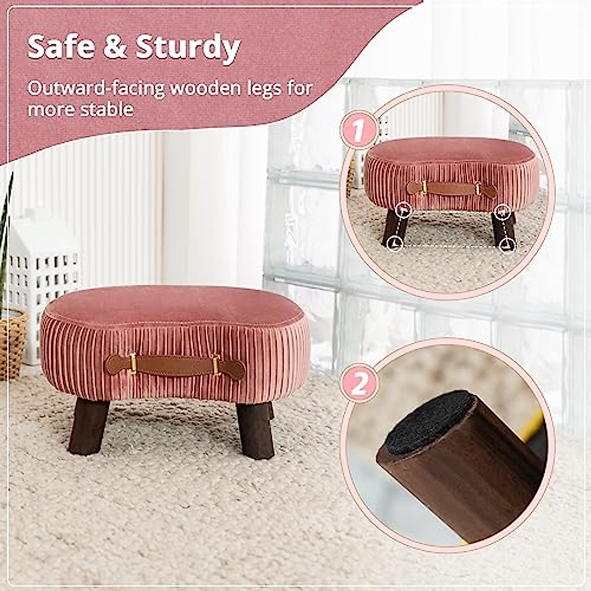Small Curved Foot Stool with Handle, Pink Velvet Footstool and Ottomans, Modern Foot Rest with Wooden Legs, Step Stool with Padded Seat for Couch, Living Room
