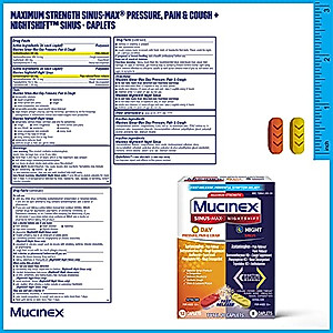 Mucinex Maximum Strength Sinus-Max (Day) Pressure, Pain & Cough & Nightshift (Night) Sinus Caplets, Fast Release, Powerful Multi-Symptom Relief, 20 caplets (12 Day time + 8 Night time)