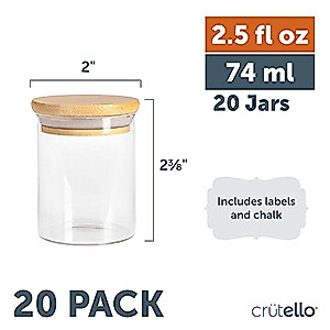 Crutello 20 Pack 2.5 Oz Mini Spice Jars with Bamboo Lids, Dishwasher Safe Jars for Spices, Honey, Beans, Rice, Party Favors