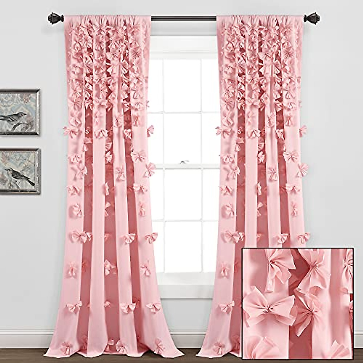 Lush Decor Riley Window Curtain Sheer Ruffled Textured Bow Window Panel for Living, Dining Room, Bedroom (Single), 54"W x 84"L, Pink