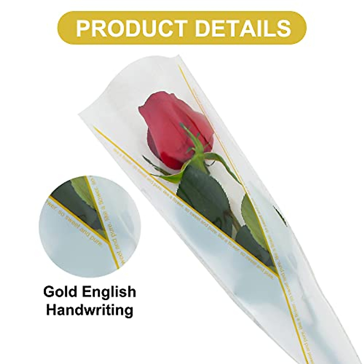 BEISHIDA 100 PCS Single Rose Sleeve Single Flower Wrapping Bags Single Rose Packaging Cellophane Flower Sleeves for Florist Bouquet Supplies Mother's Day Valentine's Day (White and Gold Edge)