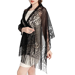 Ladiery Women's Floral Lace Scarf Shawl with Tassels, Soft Mesh Fringe Wraps for Wedding Evening Party Dresses