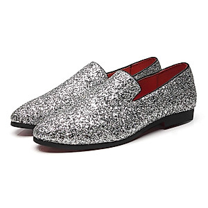 Mens Smoking Slipper Metallic Sparkling Glitter Tuxedo Slip on Dress Shoes Loafers Shoes (12.0 D(M) US, Silver)