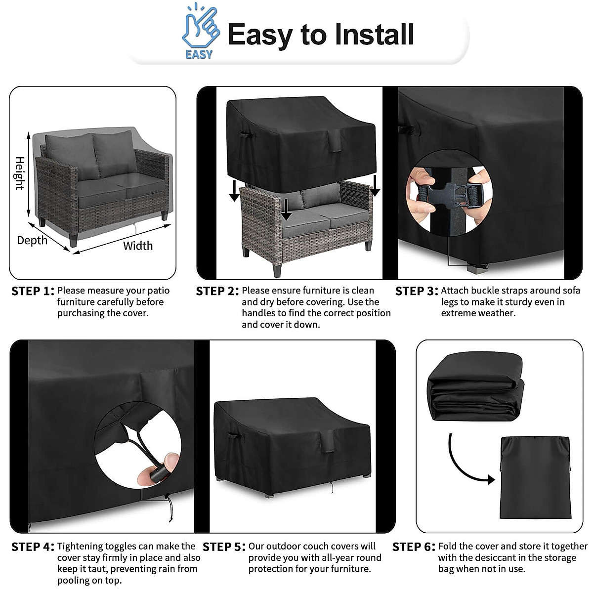 OutdoorLines Outdoor Waterproof Patio Loveseat Couch Cover - UV Resistant Patio Sofa Furniture Covers Weatherproof Heavy Duty Glider Covers for Outdoor Furniture, 58Wx32.5Dx31H Inches, Black