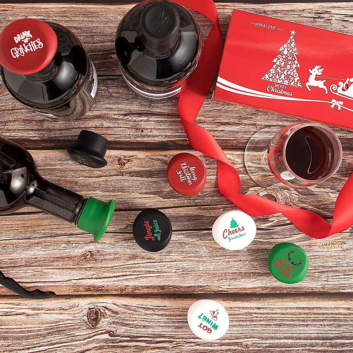 Whaline 8 Pack Christmas Wine Bottle Stoppers and Gift Box, Funny Silicone Reusable Caps Bottle Sealers with a Funny Saying for Wine Beer Bottles