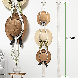 COCHIE 2 Pack Hat Rack Boho Handmade Hat Hangers Adjustable for Wall Decoration, Hat Organizer Holds 6 Different sized Hats Display for Women Men（Beige,5.74 Ft）