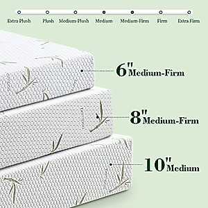 Vyfipt 8 Inch Medium Firm Green Tea Memory Foam Mattress, Cooling Gel Foam, Pressure Relieving, CertiPUR-US Certified, Bed-in-a-Box, White, Queen