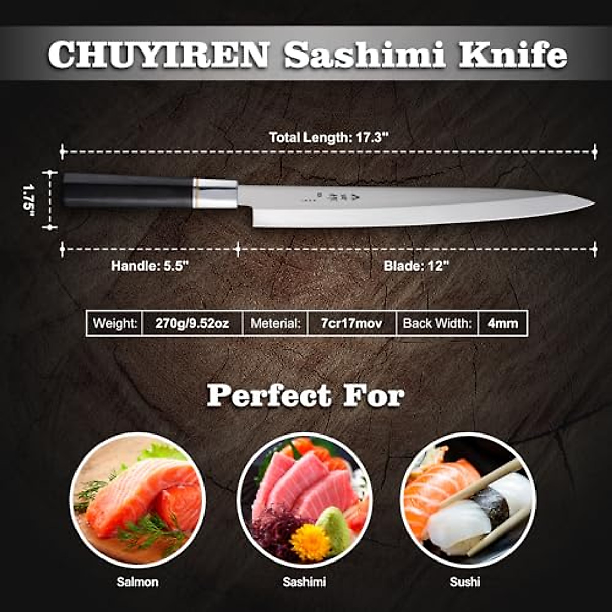CHUYIREN Sushi Knife 12 inch(300mm), Sashimi Knife with High Carbon Stainless Steel Blade Yanagiba Knife, Octagonal Ebony Handle, Single Bevel Japanese Sushi Knife for Sushi & Sashimi, Fish Filleting