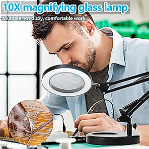 10X Magnifying Glass with Light and Stand, KIRKAS 2-in-1 Stepless Dimmable LED Magnifying Desk Lamp with Clamp, 3 Color Modes Lighted Magnifier Swivel Arm Light for Reading, Craft, Close Works -Black