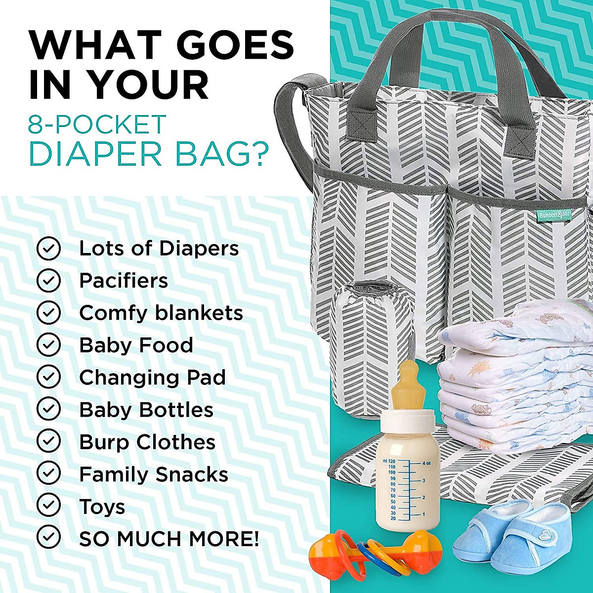 Diaper Bag/Breast Pump Tote Bag - Stylish Arrows, Functional Baby Stroller Organizer - Adjustable Stroller Strap - Eight Total Pockets - Easy to Clean - BONUS: Changing Pad