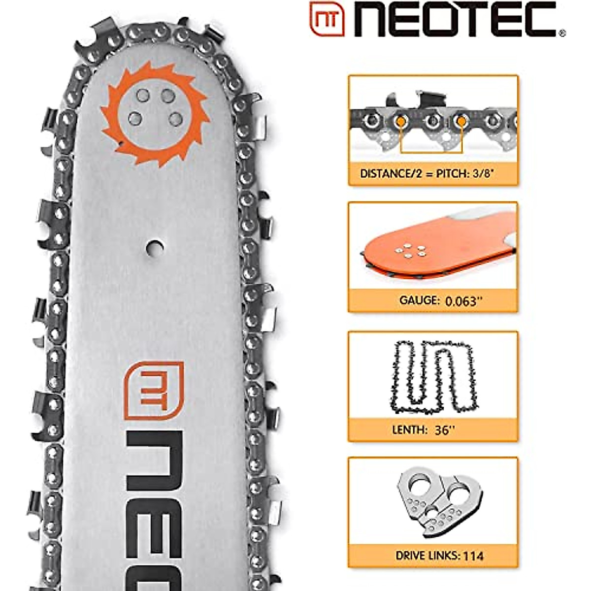 NEO-TEC 36 Inch Chainsaw Chain Blades Full Chisel 3/8 Pitch 0.063" Gauge 114 Drive Link Fit For Stihl Cadena 038 044 046 056 MS440 MS460 MS441 MS461 MS381 MS382 MS660 MS660 G660 Husqvarna 395XP