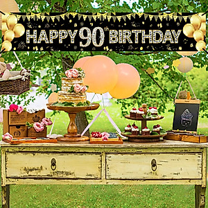 90th Birthday Banner Decorations for Women Men, Black Gold Happy 90 Year Old Birthday Sign Party Supplies, Ninety Birthday Photo Booth Props Decor(9.8 X 1.6ft)