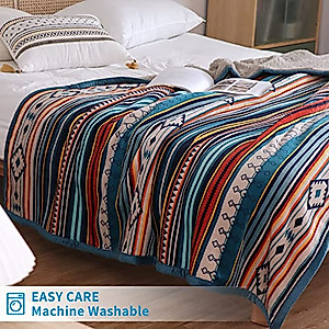 Qucover Flannel Blanket Boho Blue Stripe Reversible Sherpa Throw Blanket Large, Luxury Bohemian Plush Flannel Throws for Sofa Couch Bed, 60x80 Inch