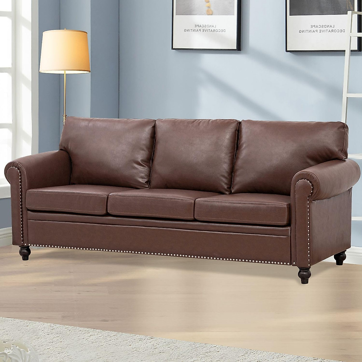 TINGMAMADEHUA Modern Brown Faux Leather Sofa – 3-Seater Couch for Living Room, Comfy Upholstered Design with Tufted Detachable Back Cushions, Traditional Rolled Arms, and Nailhead Trim – Easy Assembly