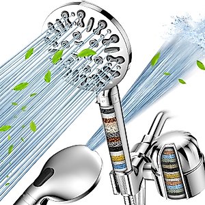PWERAN Filtered Shower Head with Handheld, Dual Filters High Pressure Water Flow 9 Spray Mode Showerhead, Built-in Power Wash with Hose & Water Softener Filters for Hard Water - Remove Chlorine