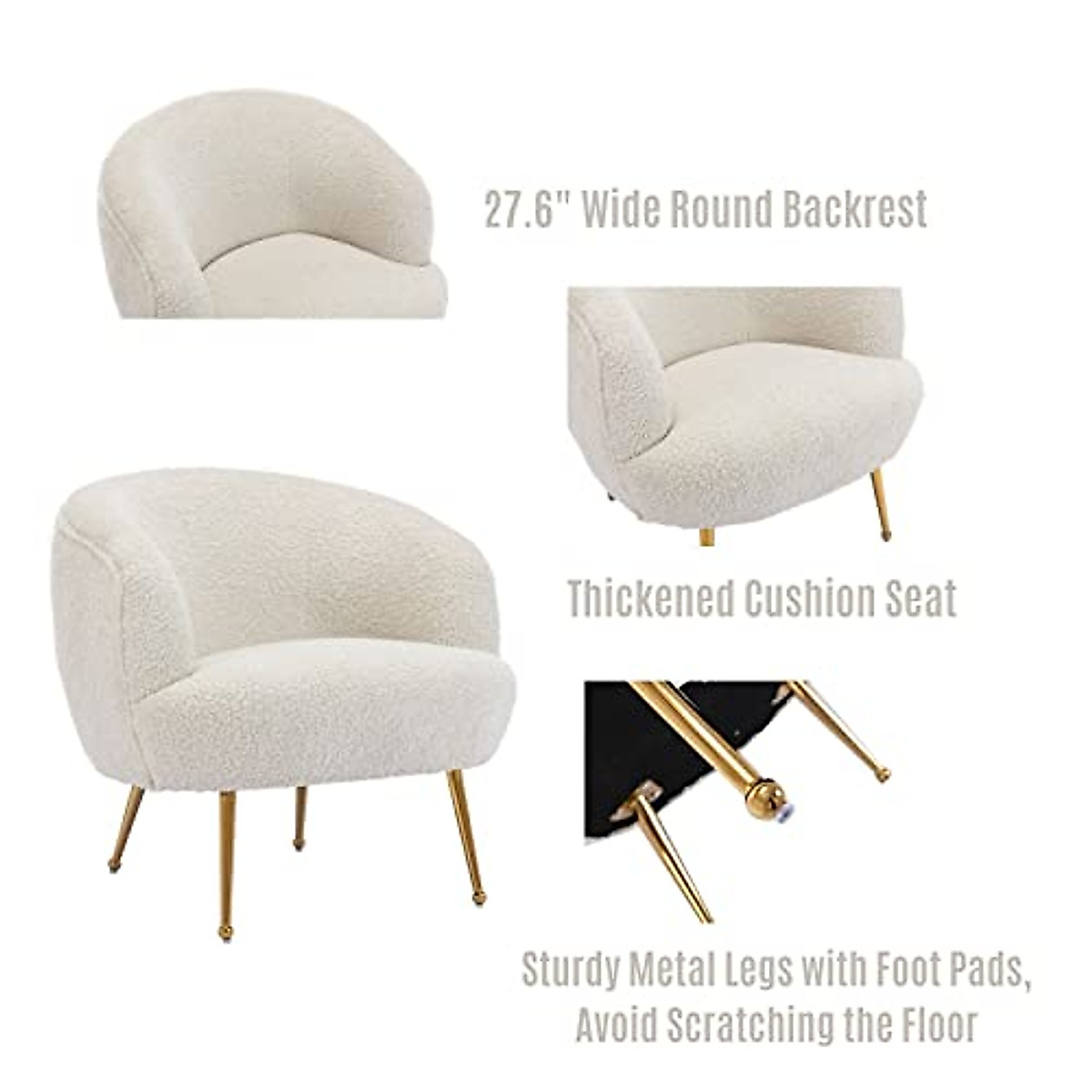 LukeAlon Faux Fur Single Sofa Chair, Upholstered Round Back Living Room Chair Comfy Accent Chair with Gold Metal Legs Leisure Armchair Modern Barrel Chair for Bedroom Reading Room, Creamy White