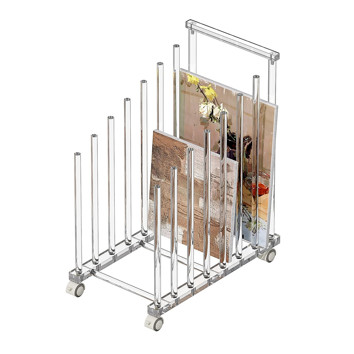 Sumerflos Acrylic Art Storage Rack with Caster Wheels - Clear Canvas Storage Rack for Artwork, Panel, Frame, Drawing Board, Printed Matter, Paper Pad, Backing Plate (13.78" D X 23.03" W X 28.54" H)