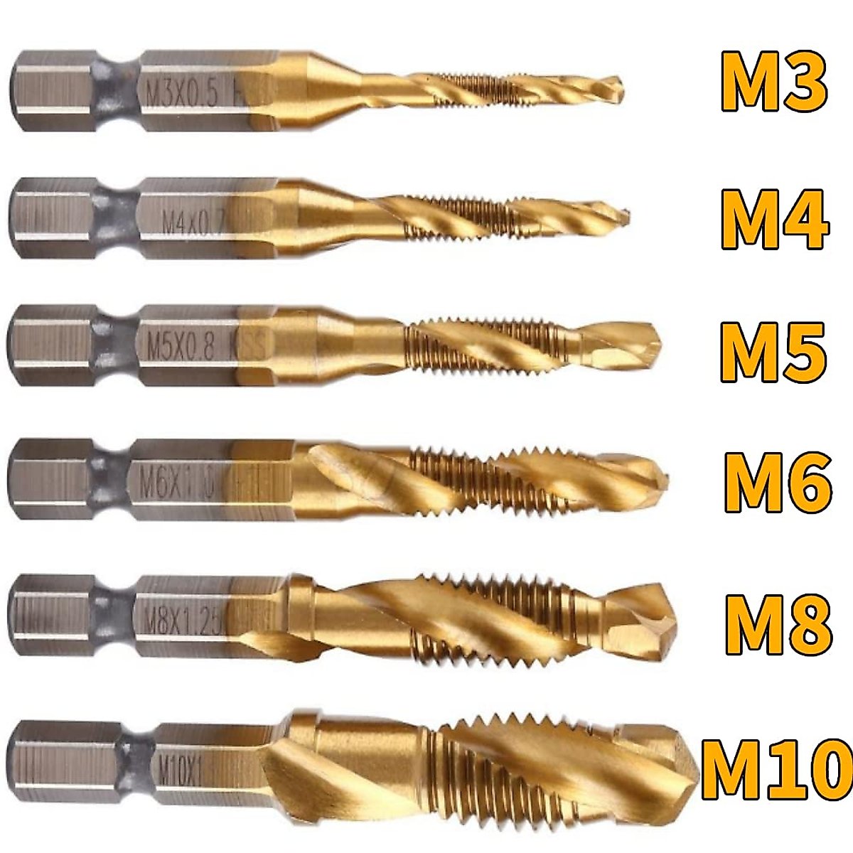 6 Pack Titanium Combination Drill Tap Bit Set, 1/4" HSS Hex Shank Screw Tapping Bit for Drilling, Tapping and Countersinking, M3-M10