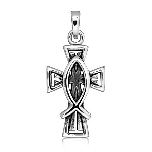 WithLoveSilver 925 Sterling Silver Ichthus Fish on Cross Pendant