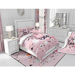 Manfei Pink Ghosts Sheet Set Full Size, Halloween Theme Bedding Set for Kids Girls Teens, Gothic Skull Spider Bat Pumpkin Bed Sheet Set 4pcs with Deep Pocket Fitted Sheet + Flat Sheet + 2 Pillowcases