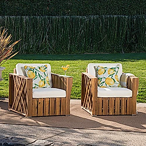 Christopher Knight Home Cadence Outdoor Acacia Wood Club Chairs with Water Resistant Cushions, 2-Pcs Set, Natural Stained / Cream Cushions