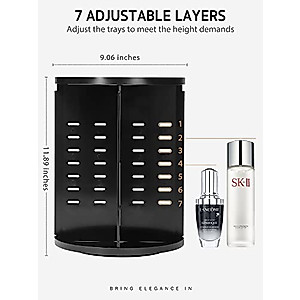 Syntus 360 Rotating Makeup Organizer, DIY Adjustable Bathroom Makeup Carousel Spinning Holder Rack, Large Capacity Cosmetics Storage Box Vanity Shelf Countertop, Fits Makeup Brushes, Lipsticks, Black