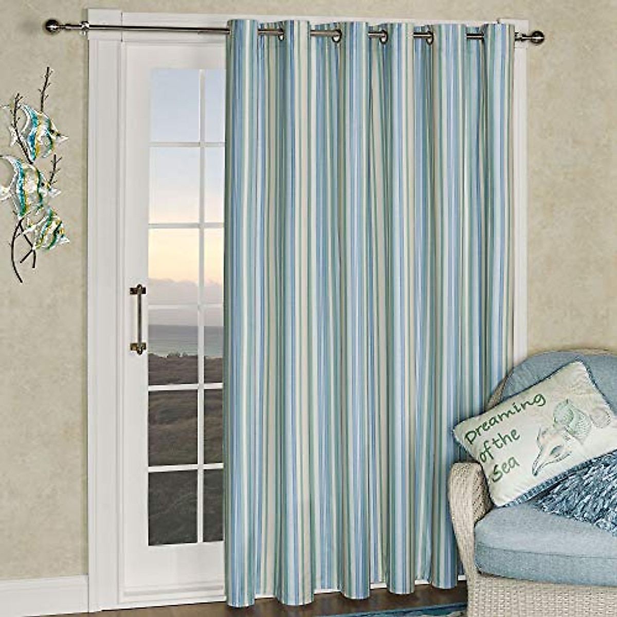 Clearwater Coastal Themed Foam Backed Grommet Patio Panel - Cool Blue Tones - Darkening, Foam Back - Window Panel For Living Room, Kitchen, Bedroom - Beach Ocean Patterned Theme - 108 x 84 Inches