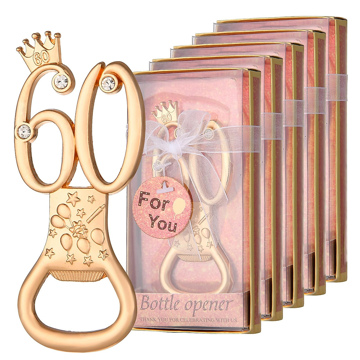 24 boxes of rose gold themed 60th birthday bottle openers favored for 60th golden wedding party gifts 60th birthday party souvenirs or party decorations (60th)