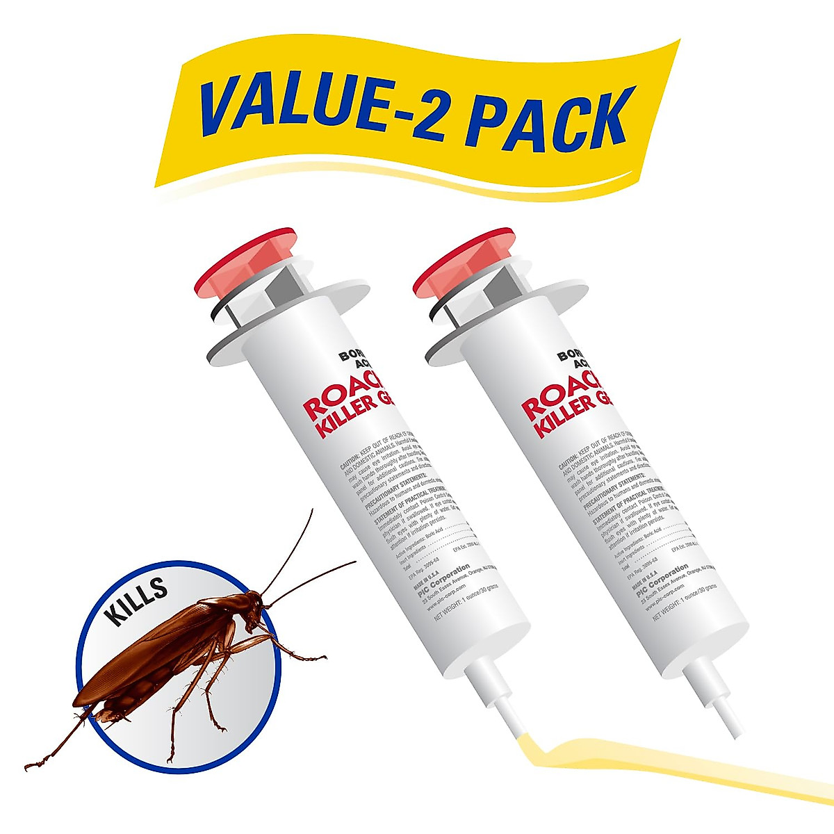 PIC GEL Boric Acid Roach Control Gel, 1-Ounce Syringe, 2-Pack , White