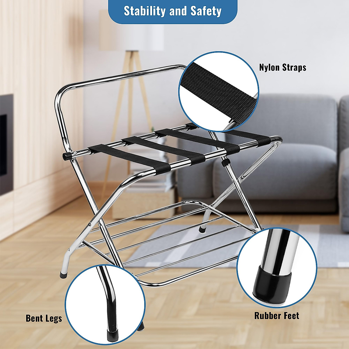 USTECH Luggage Rack-Double Tier with High Back, Chrome, Self Asssembly, Luggage Rack for Guest Room