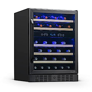 NewAir Wine Fridge | 46 Bottle Capacity Wine Cooler | 24" Black Stainless Steel Fridge | Dual Zone, Built-in, Under Counter, Freestanding Mini Fridge For Bedroom, Office, Kitchen