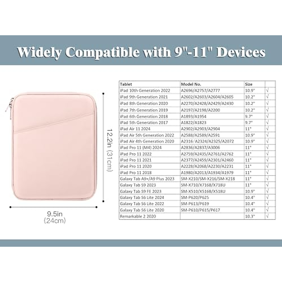 TiMOVO 9-11" Tablet Sleeve for iPad 10th Gen. 10.9", iPad 9th/8th/7th Gen. 10.2", iPad Air 11/Air 5th/4th Gen. 10.9",Galaxy Tab A9+/A9 Plus 11", Protective Bag with Pocket, Pink