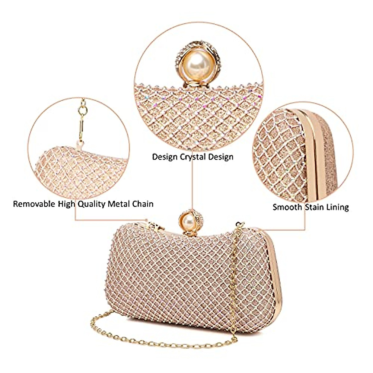 DETARA Crystal Women Evening Clutch Rhinestone Bag Bling Purse Glitter Radiant Crystal Shouderbag for Christmas Bridal Wedding Party (Champagne)