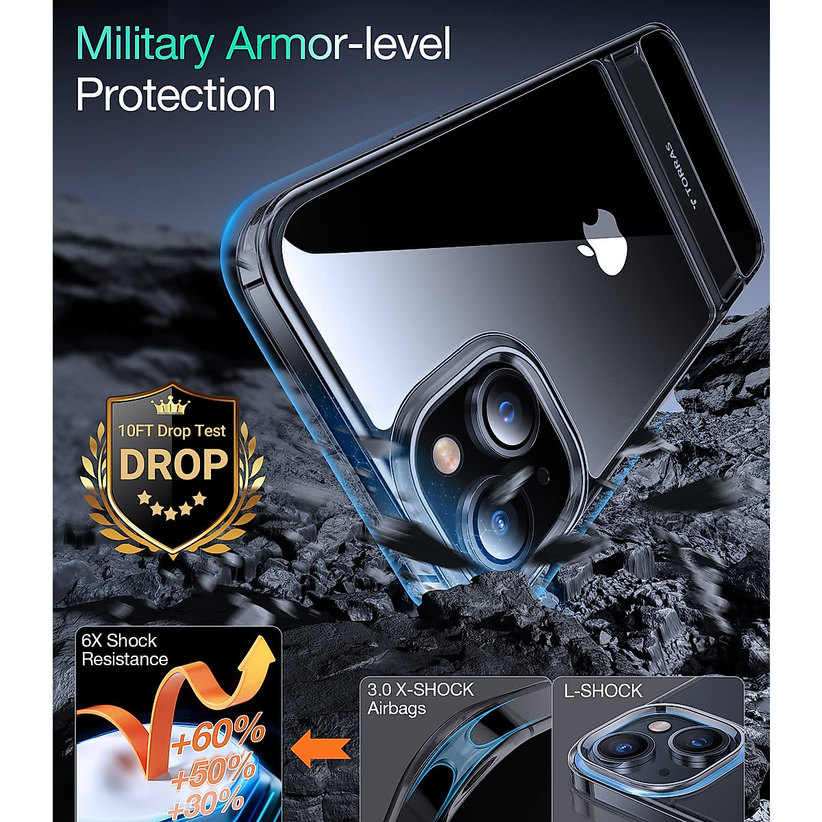 TORRAS MoonClimber Compatible for iPhone 12 Pro Max Case [5X Military Armor-Level Shockproof][Three Stand Ways] Slim Hard Phone Case with Kickstand 6.7’’-Clear