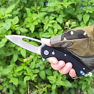 WIN+ Pocket Knife, Folding Knife with Button Lock and Axis Lock, Tactical Knife with Ball Bearing and Thumb Hole for Men and Women, Good for Camping and Outdoor 3444 (Black-G10)