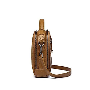 FEIMINA Women Genuine Leather Messenger Crossbody Handbag Design Embossed Floral Pattern Sling Satchel Shoulder Bag (Brown)