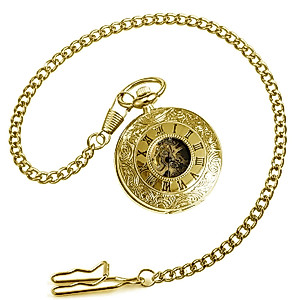 VIGOROSO Mens Pocket Watch with Chain Half Hunter Double Cover Skeleton Mechanical Watches Gold Roman Numeral in Box