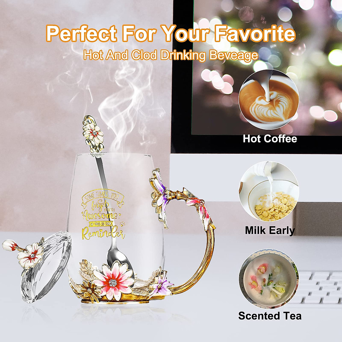 Vos Risus Daisy Flower Glass Coffee Mug Tea Cup with Spoon Set, Sometimes You Forget That You are Awesome Enamel Cup, Birthday, Mothers Day, Christmas, Gifts for Her, Friend, Mom, Grandma, Coworker