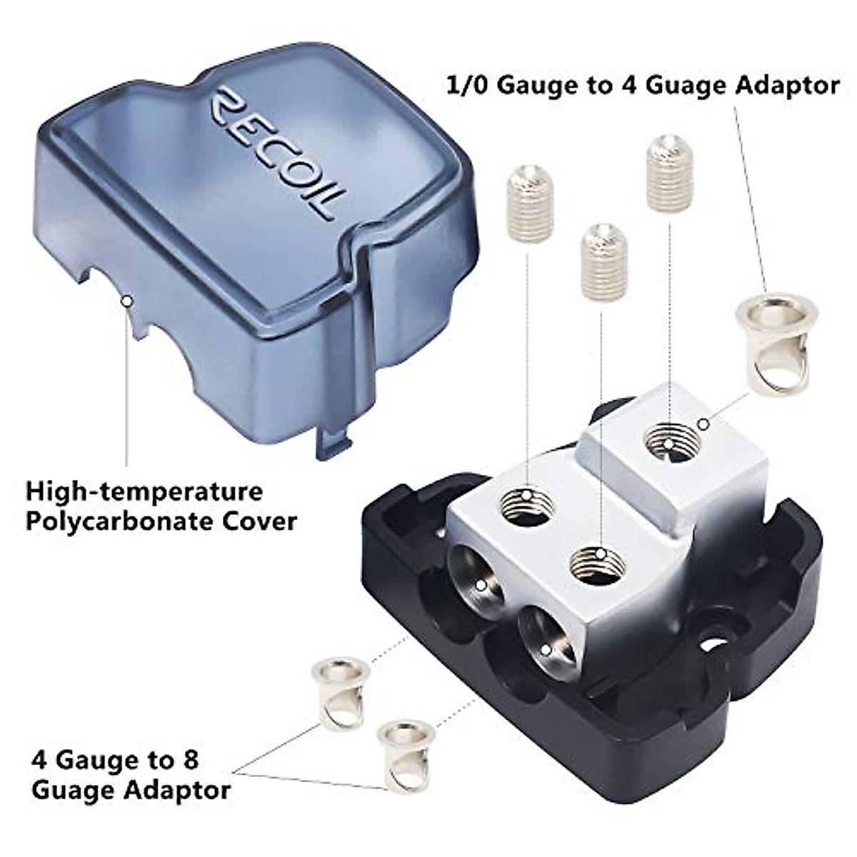 RECOIL DB12 2 Way Power Distribution Block, 1 X 0/2/4 Gauge in / 2 X 4/8 Gauge Out Power Distribution Ground Distributor Block for Car Audio Amplifier Splitter