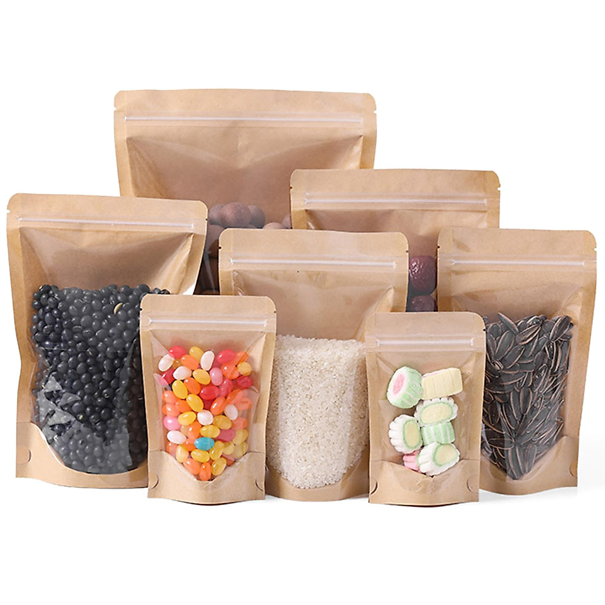 150pcs Kraft Bags With Window Clear Front 10”×14”,7”×10”,4.7”×7.8 ” Resealable Stand Up Zip Lock Craft Food Bags Zipper Brown Paper Pouches