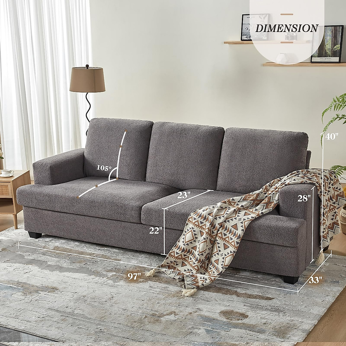 AMERLIFE 97 Inch Deep Seat Sofa-Contemporary Bouclé Sofa Couch, 3 Seater for Living Room-Oversized Comfy Sofa, Grey