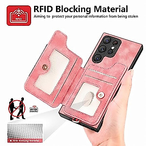 AIYZE ATOP Compatible with Samsung Galaxy S22 Ultra Case Wallet Leather | Wrist Strap | Kickstand | Card Slot | RFID Blocking | Ring Hoder | Magnetic Car Mount Function Phone Cover - Pink