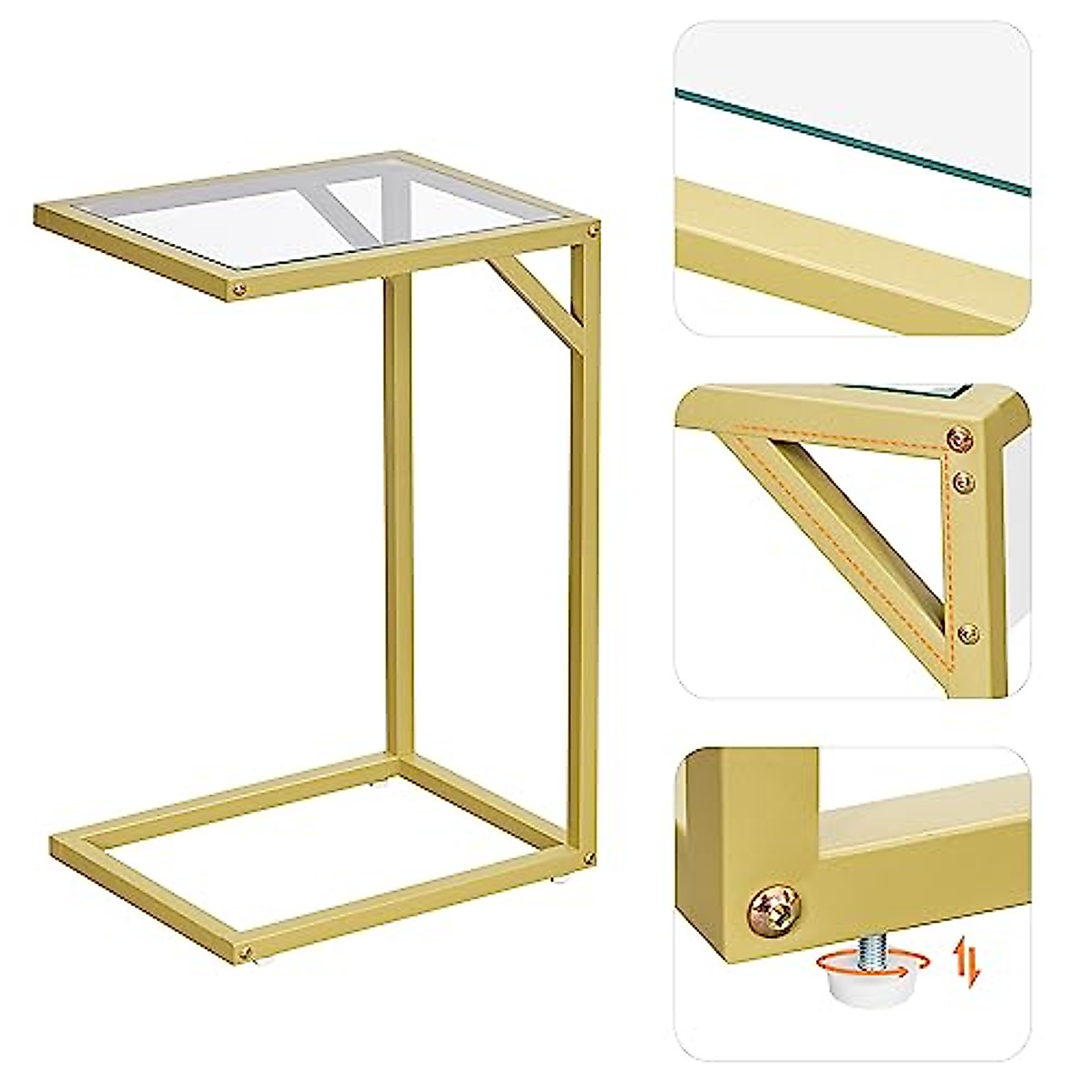 Homhedy C Shaped End Table Set of 2,Tempered Glass with Metal Frame, Small Side Tables for Living Room, Bedroom, TV Tray Table for Small Space, Modern Style, Golden