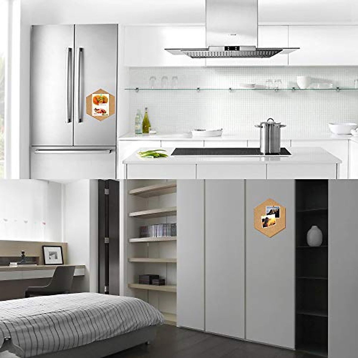 Self-Adhesive Cork Board Cork Tiles 8 Pcs Wall Bulletin Board 12" x10.2" Hexagon Cork Tile, Not Hurt Wall, Natural Message Pin CorkBoard for School/Home/Class/Kitchen & Office Decor Photo Display Memo