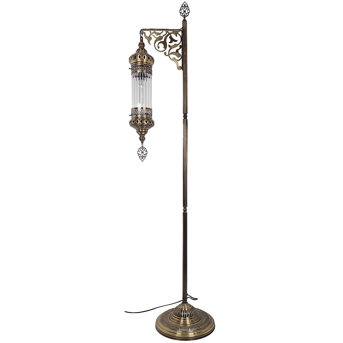 DEMMEX Turkish Moroccan Ottoman Era Style Antique Vintage Standing Floor Lamp, Antique Brass Metal Body, Shatterproof Pyrex Glass, 5.5 ft -165cm