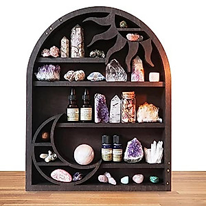 Crystal Shelf Display Crescent Moon Rack Witchy Crystal Holder for Stones Essential Oils Essentials Shelves Wall Decor Rustic Wooden Display Boho Meditation Home Decor (Model8 -Tree)